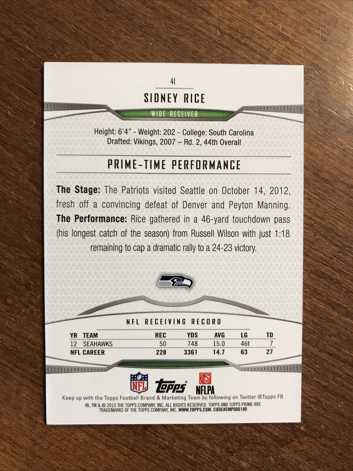 2013 Topps Prime - #41 Sidney Rice for sale online | eBay