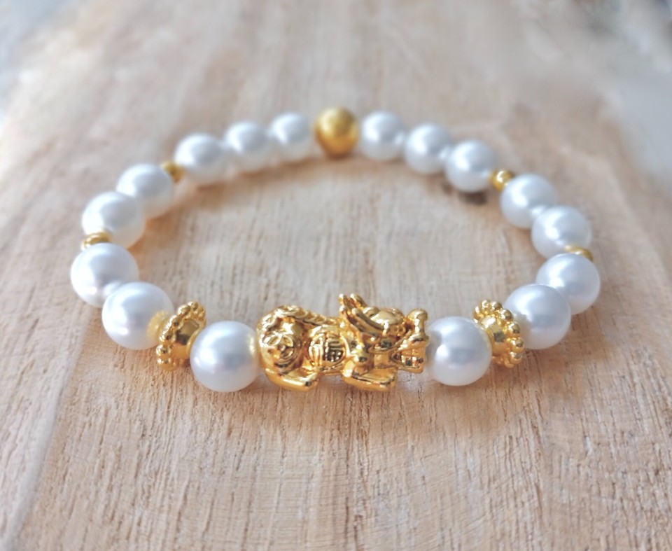 Pixiu Bracelet, Chinese Feng Shui, White Pearl, Gold Dragon, Luck ...