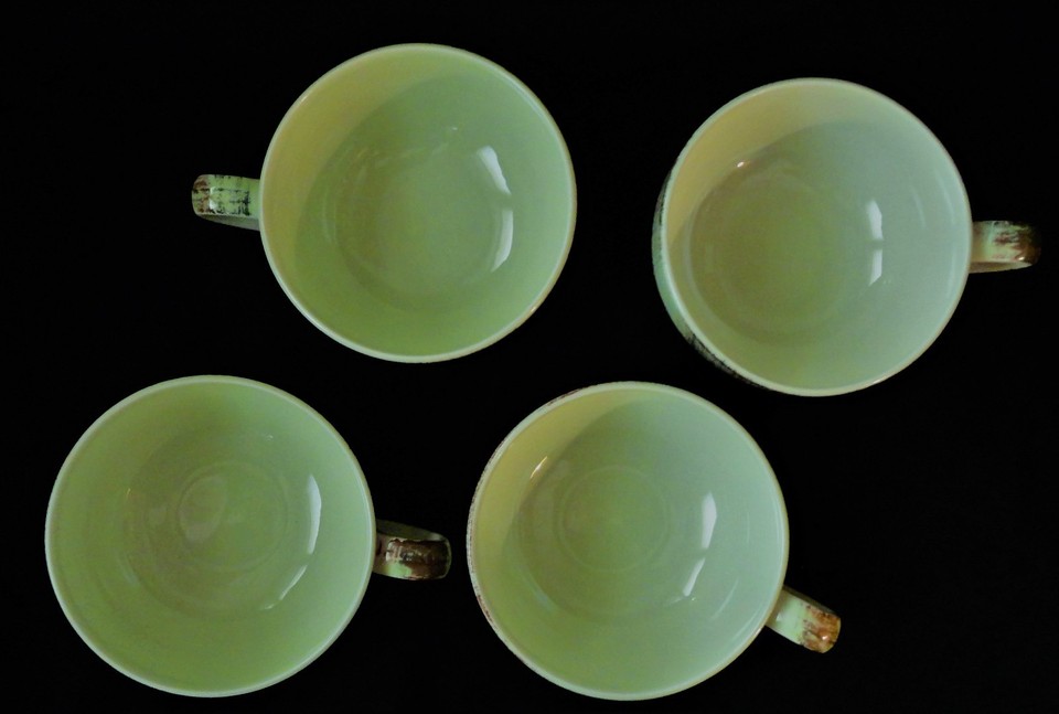 4 Vintage Vernonware Raffia Flat COFFEE CUPS Mint Green Brown Brush CA ...
