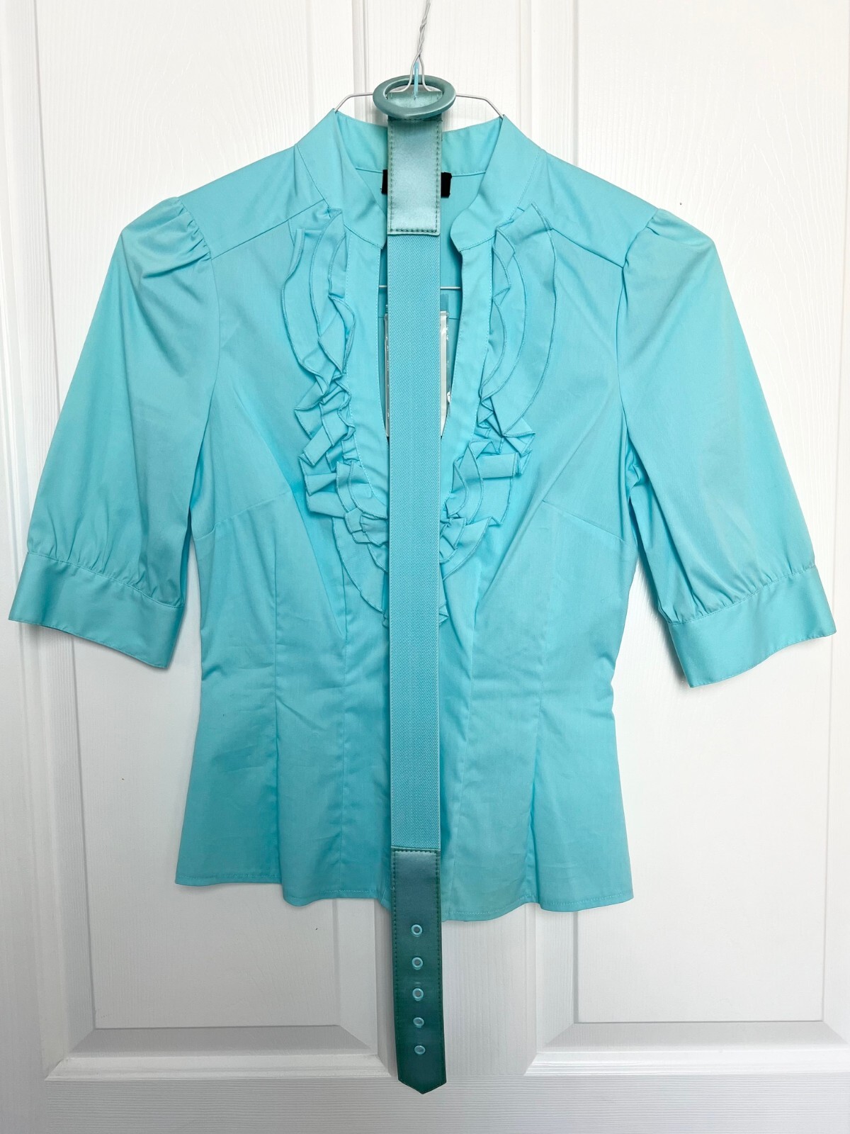 BeBe Turquoise Blue Ruffled Button-Up Short Sleeve Fitted Top Shirt XS ...