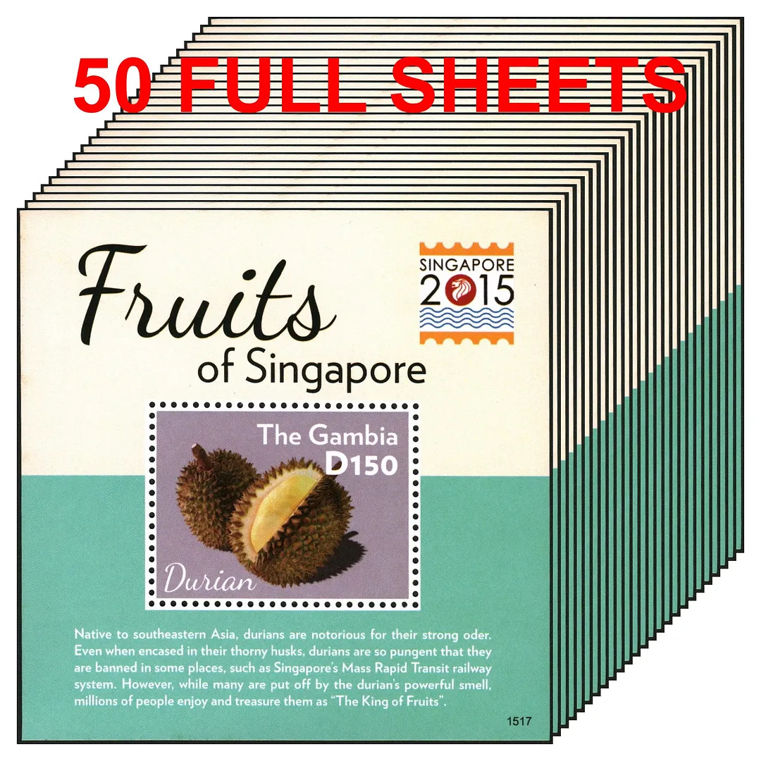 Lot 50X GAMBIA 2015 Stamps Sheet Singapore Stamp Expo - Durian Fruit ...