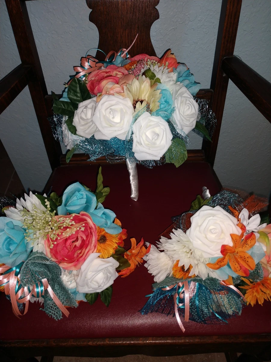 Turquoise And Coral Wedding Flowers