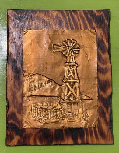 Vintage Copper Hammered Wood Mounted Windmill Handcrafted Plaque 8 3/4 ...
