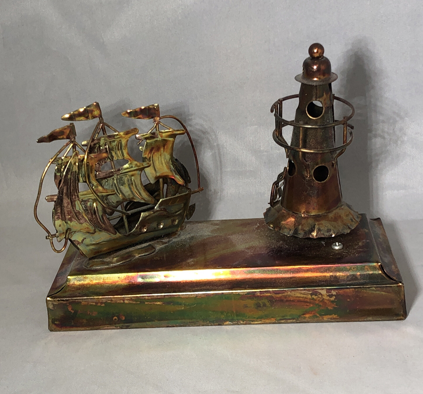 VTG Tin & Copper Sculpture Light House & Sail Boat Music Box 'Beyond ...