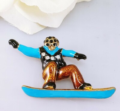 Skier man woman snow board ski brooch pin rhinestone enamal blue black ...