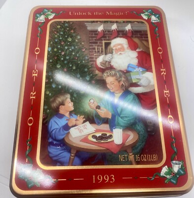 Vintage 1993 Christmas Oreo Tin Box Unlock The Magic Santa Family Scene ...