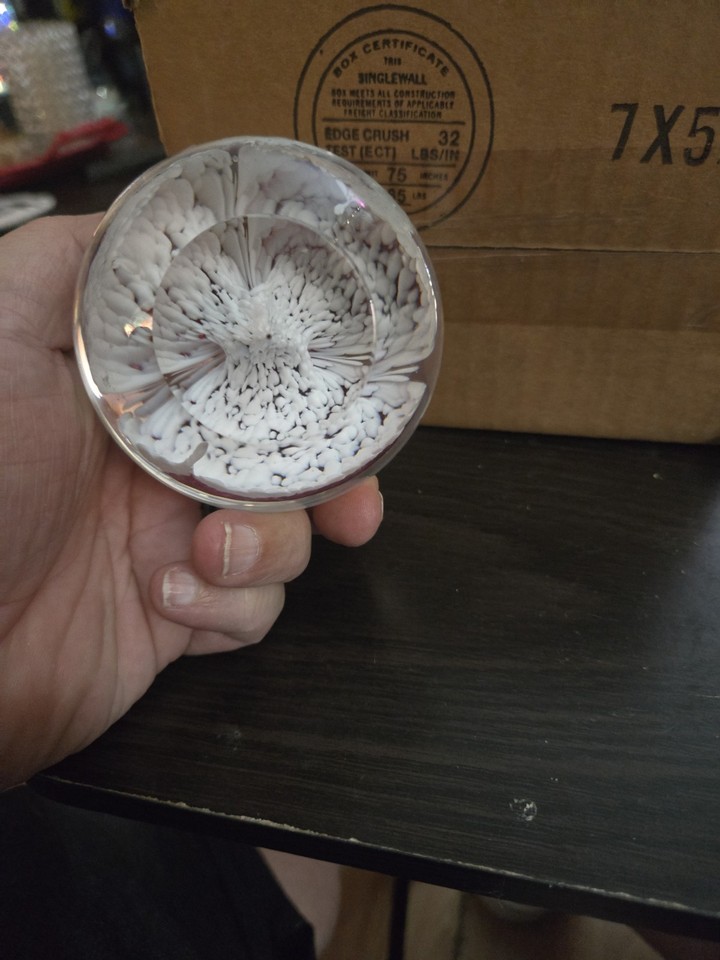 Glass Ball Paperweight with Pink and White Flower Hand Blown Art Glass ...