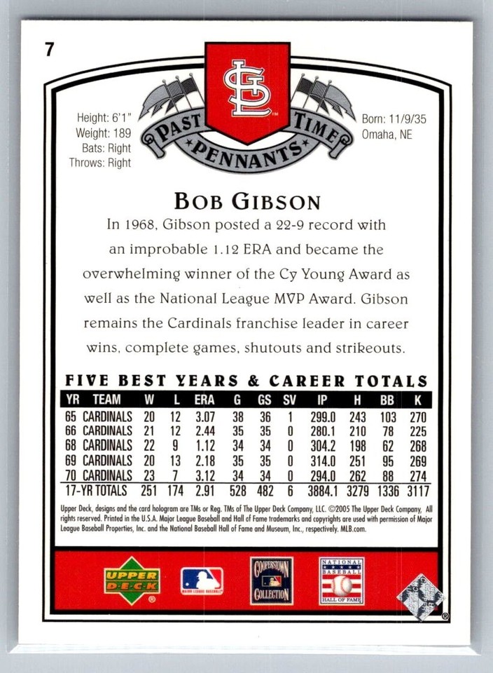 2005 Upper Deck Past Time Pennants Bob Gibson #7 St. Louis Cardinals | eBay