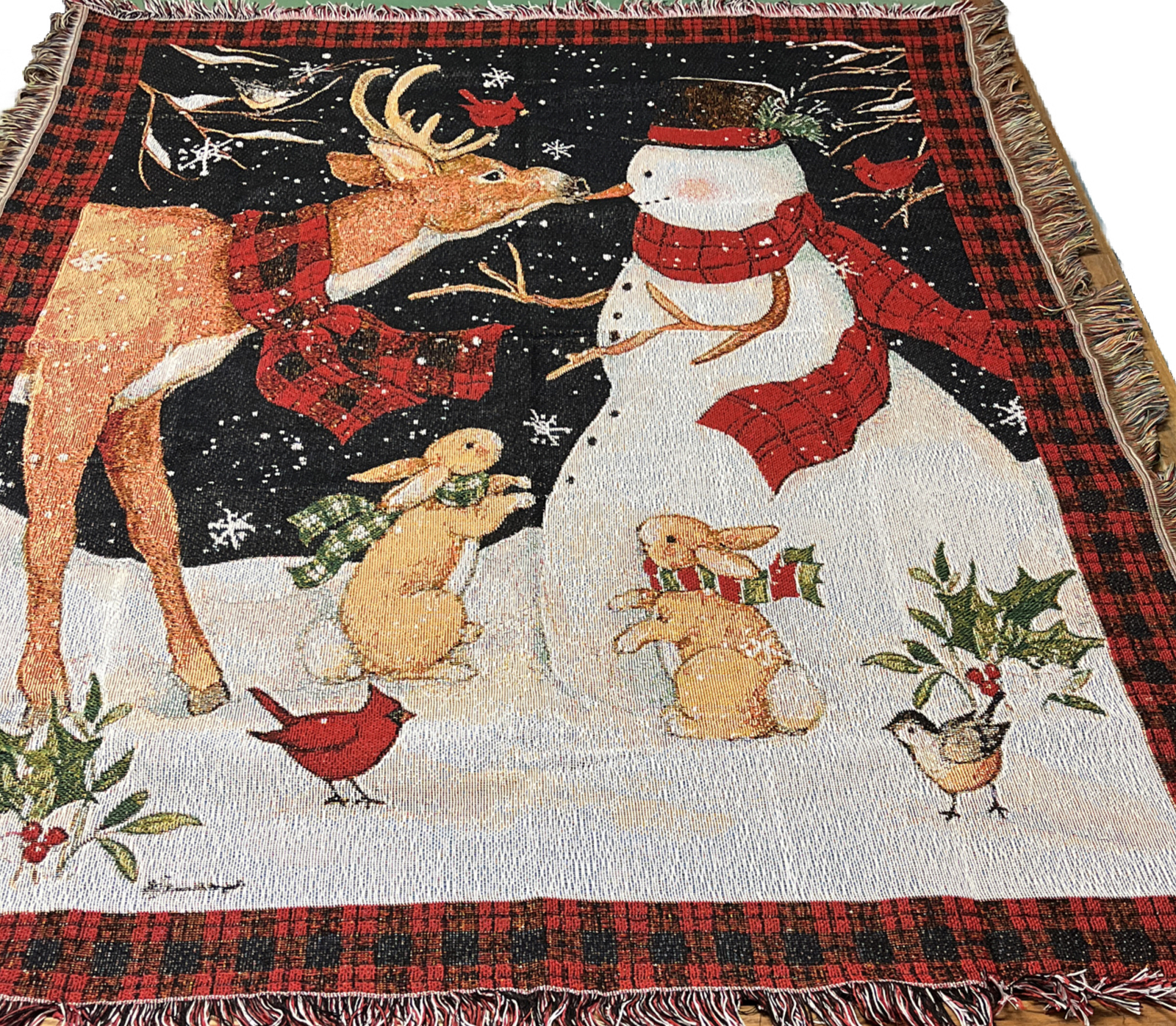 Susan Winget Snowman And Reindeer Holiday Throw 50 X 50 | eBay