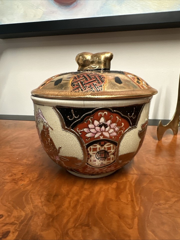 Vintage Chinese Covered Bowl Samurai Scene Gold Crackle Glaze 7”x7” | eBay