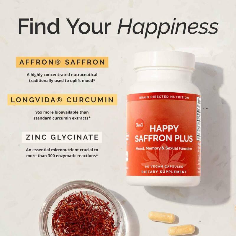 1-3X Happy Saffron Plus, 90 Vegan Capsules with Saffron Extract ...