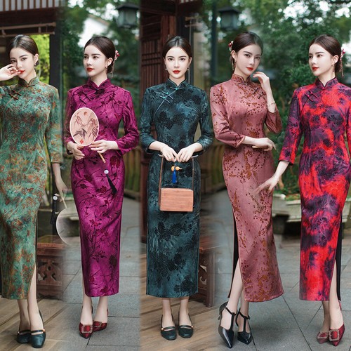 Chinese Traditional Qipao Dress Women Flocking Long Cheongsam Evening ...