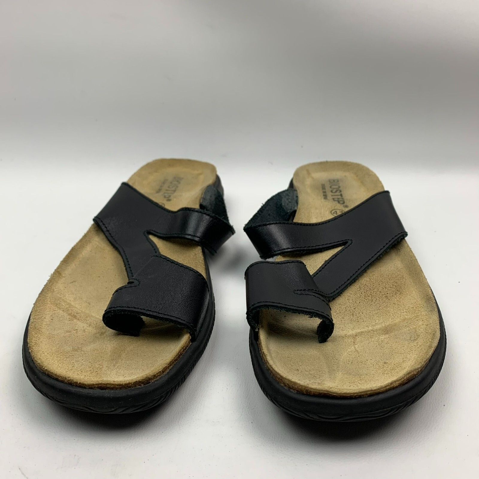 BioStep Sandals Black Leather Toe Loop Slide Flats Si… - Gem