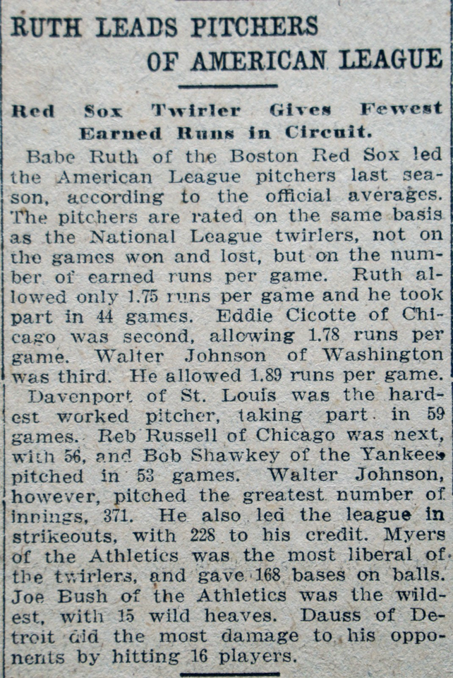 1916 Rare Rhode Island Newspaper Sports Page - Babe Ruth Leads Pitchers ...