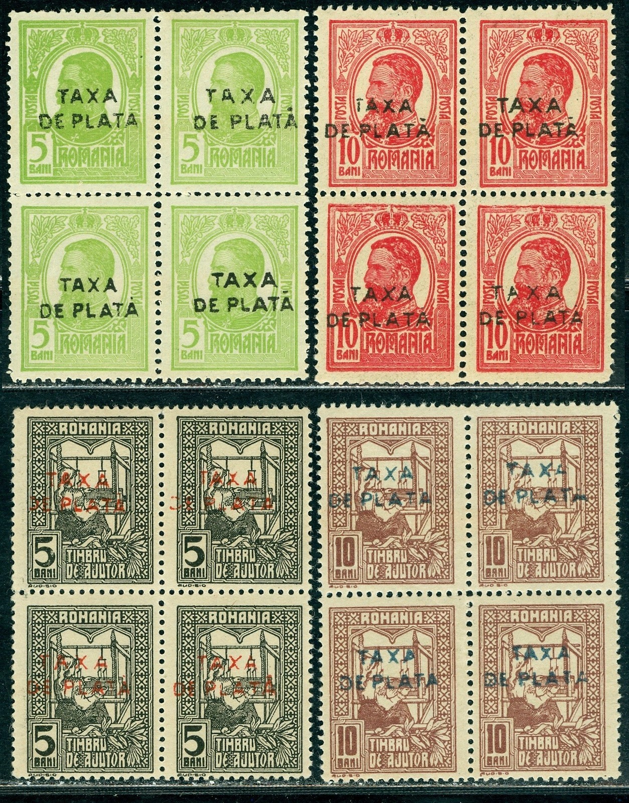1918 King Carol,Queen weaving,POSTAL TAX,DUE,TAXA DE PLATA,TIMBRU ...