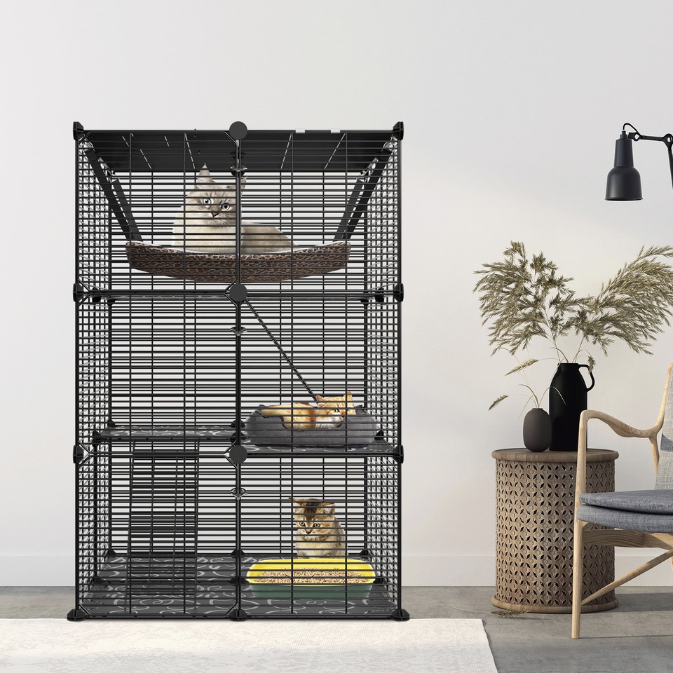 3-Tiers Cat Cage Enclosure Metal Wire Cat Kennel Playpen w/ Hammock for ...