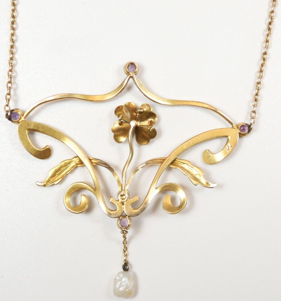 Antique Art Nouveau 1900'S Diamond Pearl Enamel Necklace 16" 13K Yellow ...