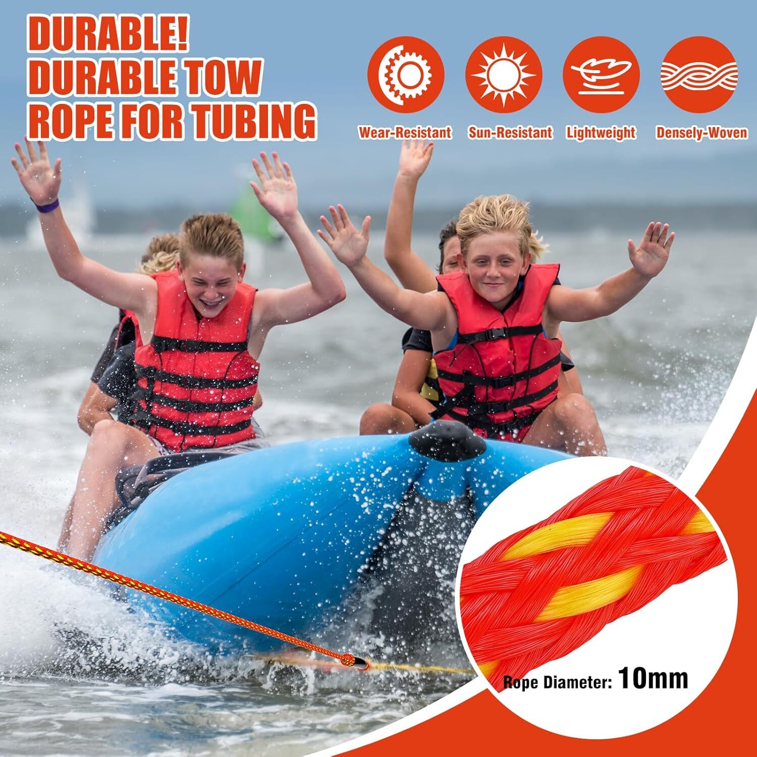 60FT Heavy-Duty Floating Boat Tow Rope for 1-4 Person Tubes-Orange ...