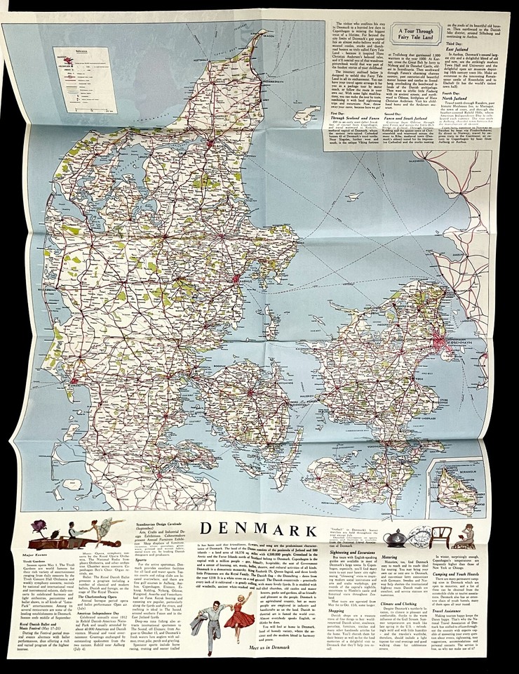 1950s Meet Us In Denmark Vintage Danish National Travel Tourist Map ...
