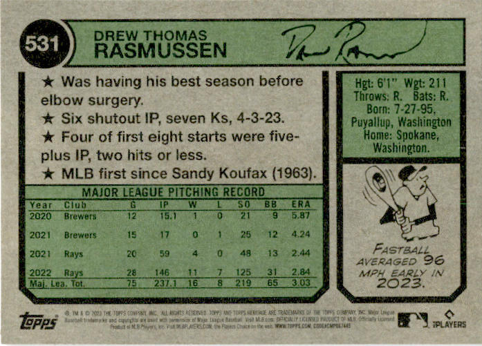 2023 Topps Heritage Drew Rasmussen #531 Tampa Bay Rays | eBay