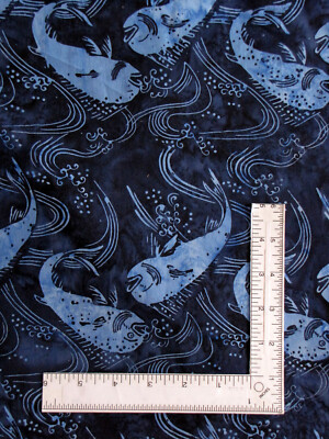 Batik Fabric Fish Koi Fishes 26" Length Blue Water Cotton Batik ...