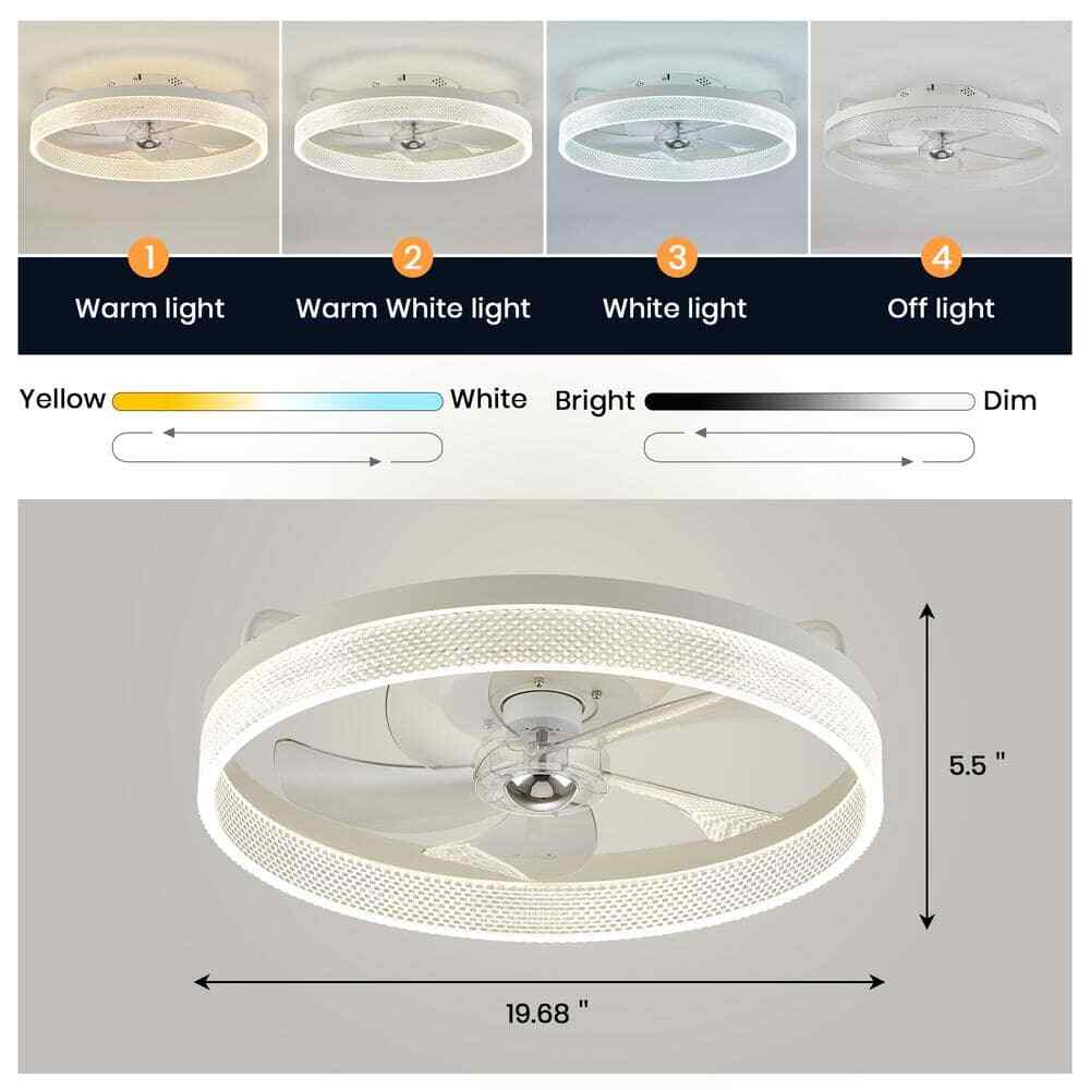 FANNEHONNE 20" LED Flush Mount Ceiling Fan, White, Low Profile, for ...