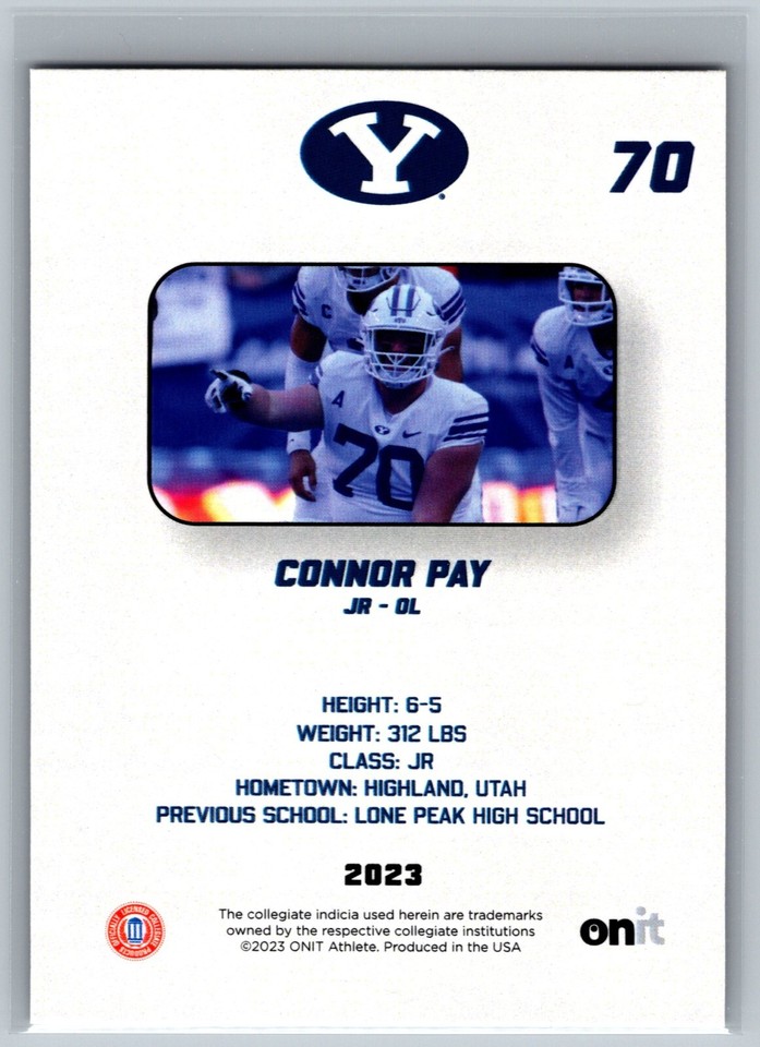 Connor Pay 2023 ONIT Brigham Young Cougars #17 Football Card RC Rookie ...