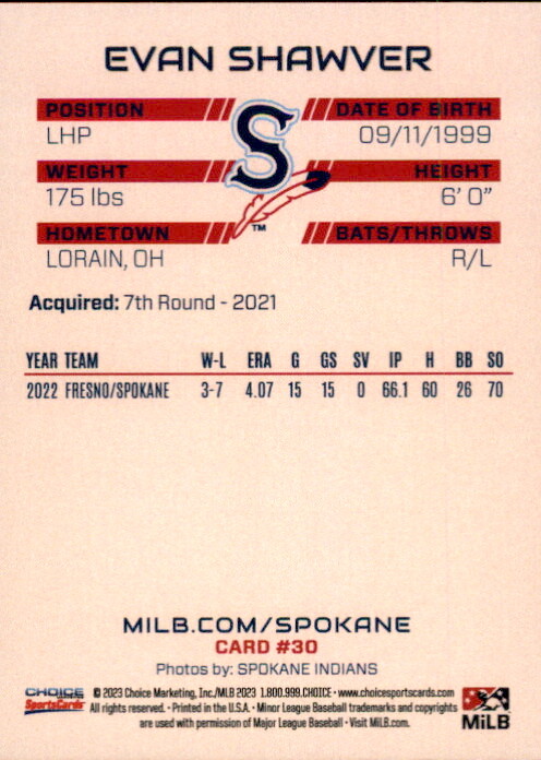 2023 Spokane Indians Choice #30 Evan Shawver Lorain Ohio OH - NM ...