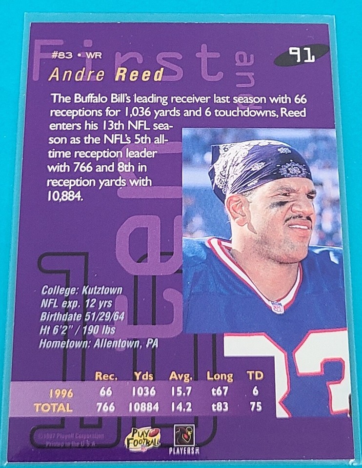 1997 Playoff First & Ten #91 Andre Reed Buffalo Bills Football Card A6 ...