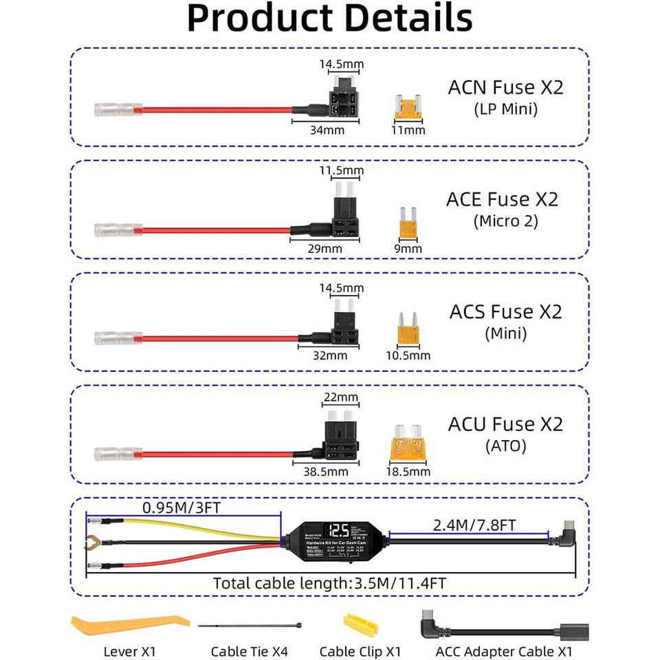 Dash Cam Camera Acc Hardwire Kit for Dash Cam Parking Monitor Fuse 12 ...