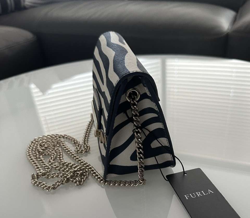 NWT Furla Julia mini leather crossbody shoulder bag Zebra print Navy & Off White | eBay