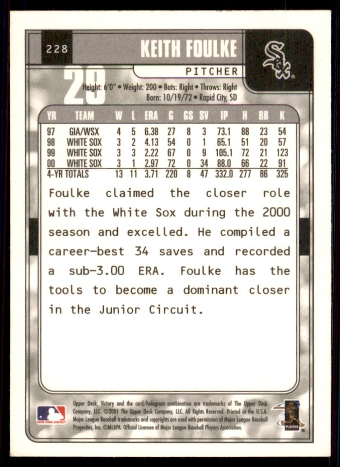 2001 Upper Deck Victory Keith Foulke Chicago White Sox #228 MLB ...