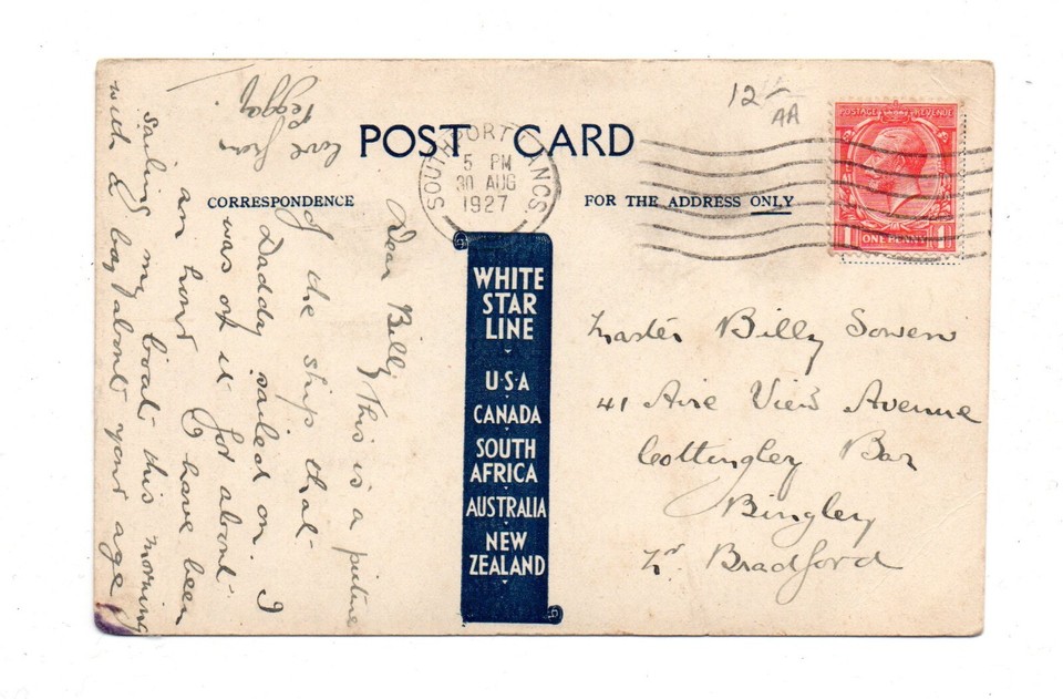 SS MEGANTIC IN HARBOR ~ WHITE STAR SHIP LINE, ARTIST IMAGE ~ used 1927 ...