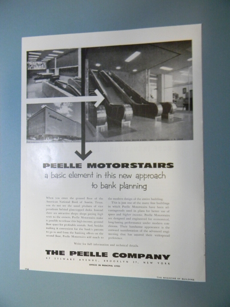 1954 AMERICAN NATIONAL BANK AUSTIN TX. PEELE MOTORSTAIRS ESCALATOR ...