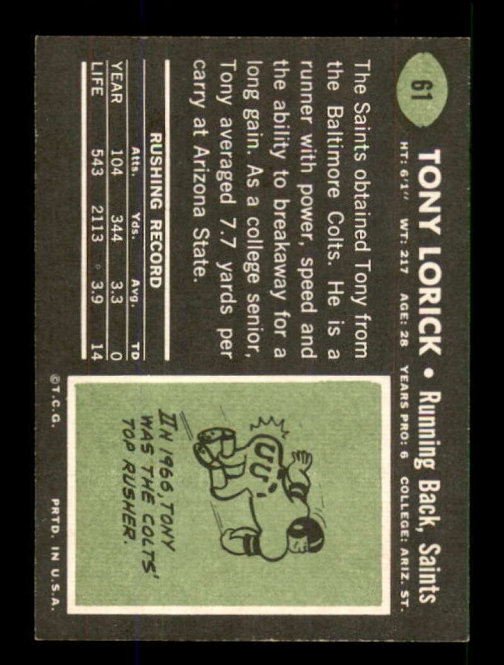 1969 Topps #61 Tony Lorick EXMT/EXMT+ Saints 555807 | eBay