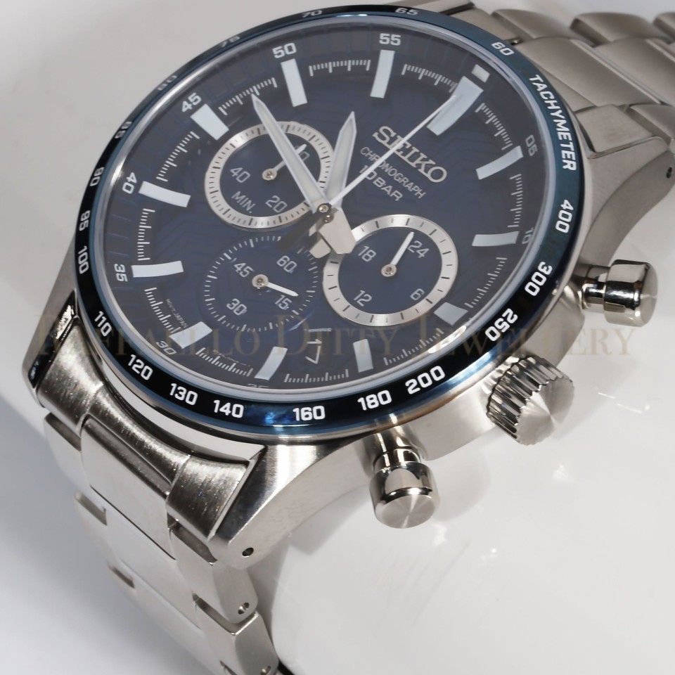 SEIKO Men's Watch Chronograph Blue Dial Stainless Silver Steel Bracelet ...