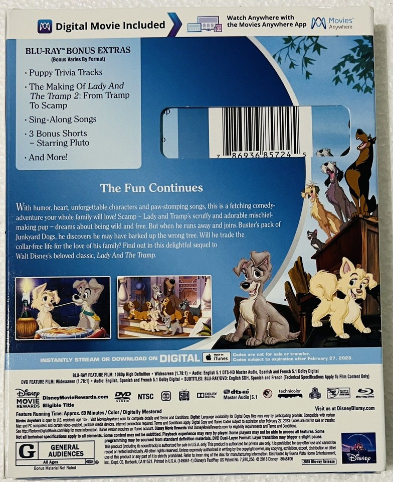 Lady And The Tramp 2 Scamp's Adventure Disney Blu-ray + DVD + Digital ...