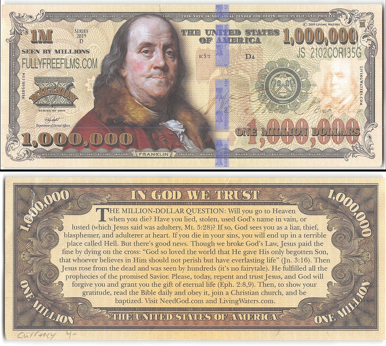 Funny money, million dollar note with Franklin on it, 2019 | eBay