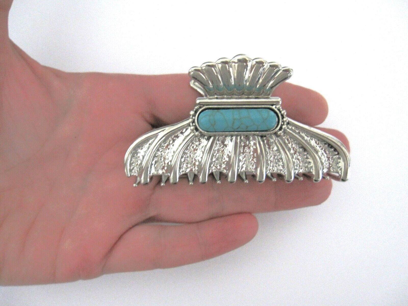 Hair claw clip turquoise blue stone textured silver metal western ...
