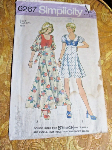 1970s VTG Simplicity Sew Pattern 6267 Stretch Bodice 2 Lenghts Dress ...