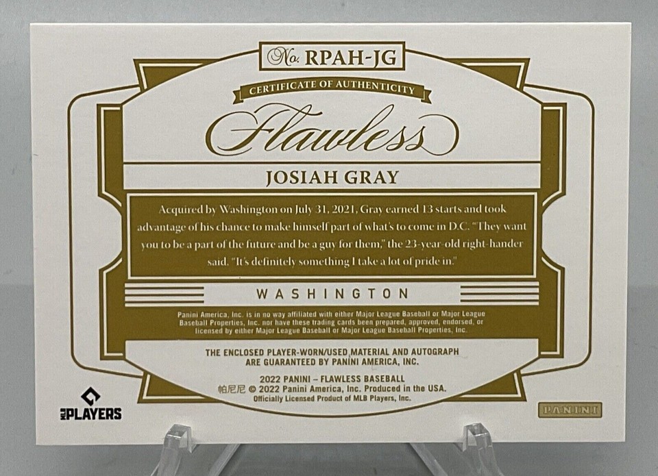 2022 Panini Flawless Josiah Gray #RPAH-JG Rookie Patch Autograph /25 | eBay