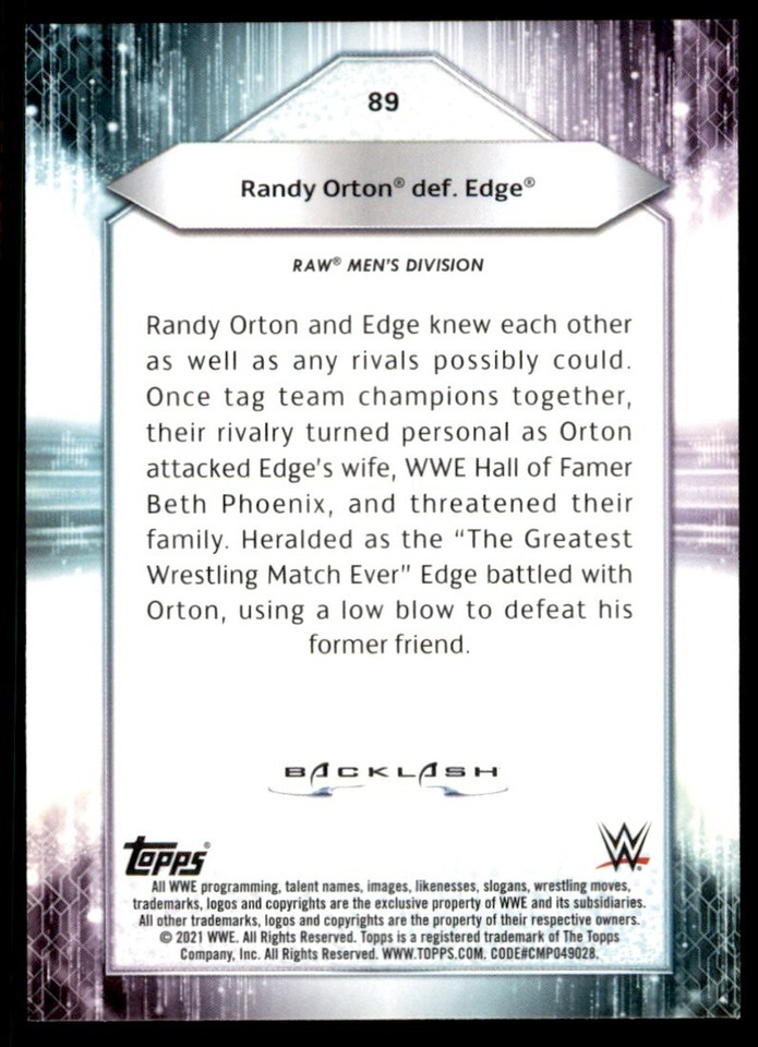 2021 WWE Base #89 Randy Orton def. Edge Backlash | eBay