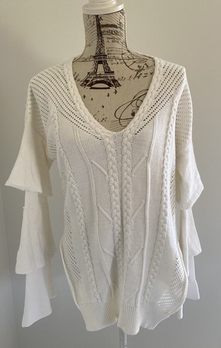 Runaway Women's White Tight Knit, Long Bell Sleeve, V Neck Jumper ...