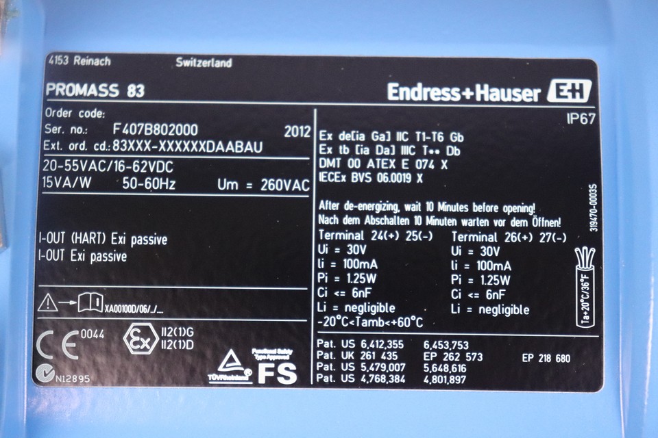 Endress+Hauser PROMASS 83 Flow Meter 83XXX-XXXXXXDAABAU 50-60Hz Unused ...