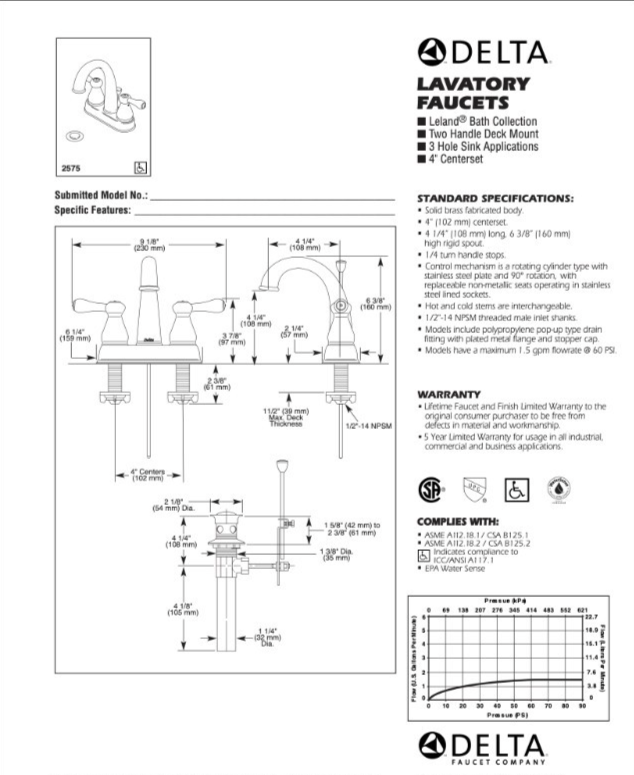 Delta Leland Collection #2575-SS 4” Centerset 2-Handle Bathroom Faucet ...