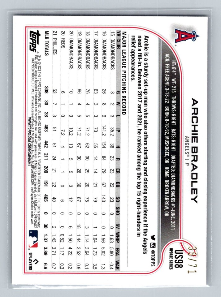 2022 Topps Update Archie Bradley Black #'d /71 #US98 Los Angeles Angels ...