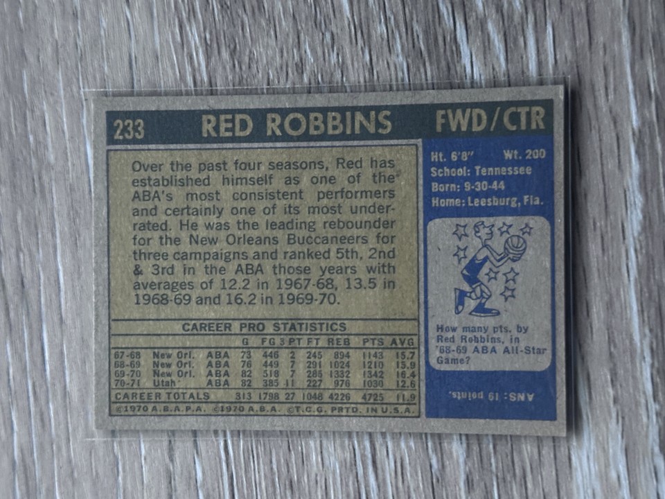 Red Robbins 1971-72 Topps #233 Utah Stars | eBay