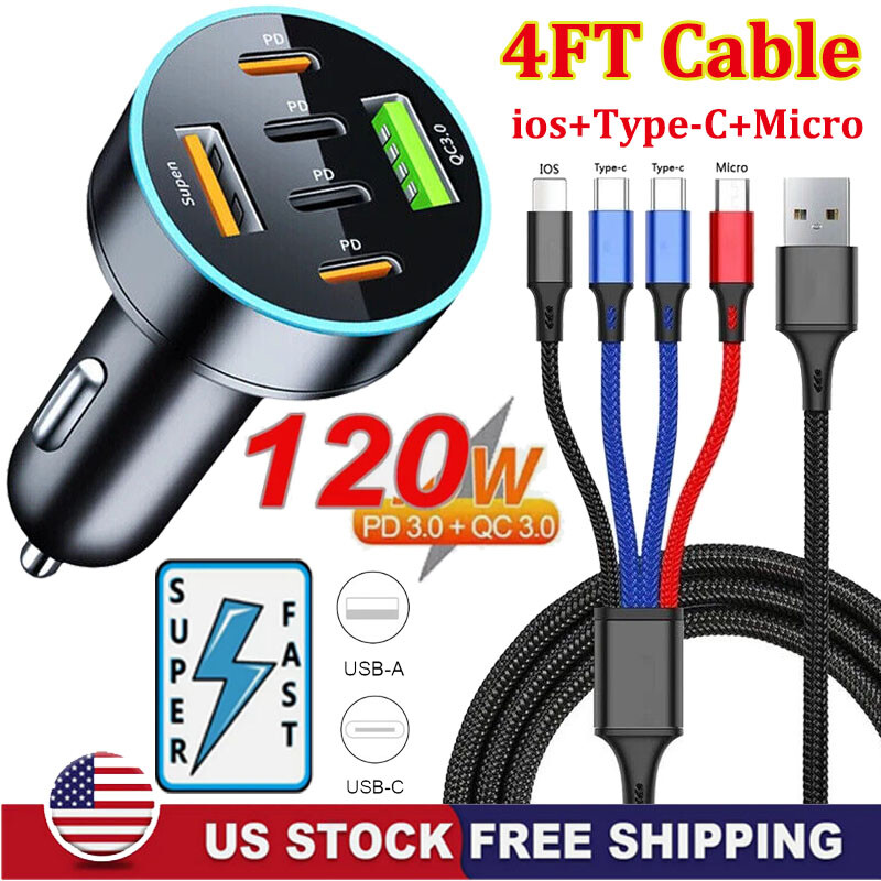 120W Fast Car Charger 6-Port Adapter & Cable For iPhone 17 16 Pro Max ...