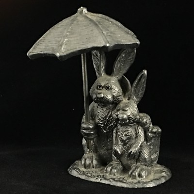 Vintage MICHAEL RICKER Signed PEWTER Statue BUNNY RABBIT COUPLE with ...
