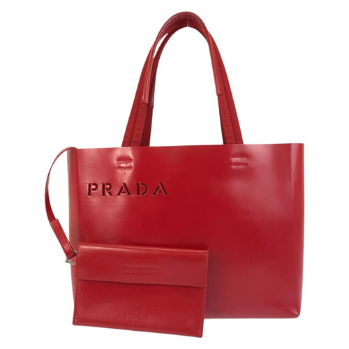 Prada Logo Die Cut Red Leather/Suede Tote Bag Shoulder Ladies 503039 ...